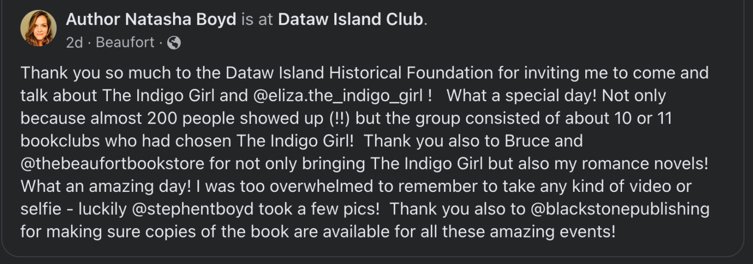 Natasha Boyd visits Dataw Island - Dataw Historic Foundation